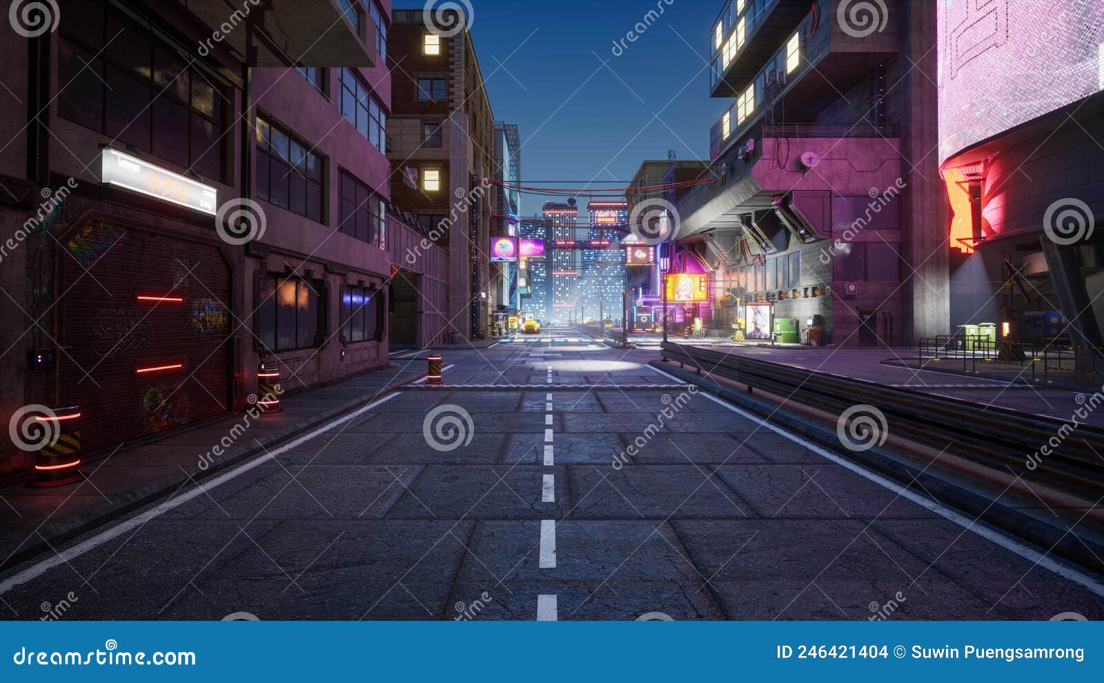 Cyberpunk City Street, 3d Render Stock Illustration - Illustration of ...