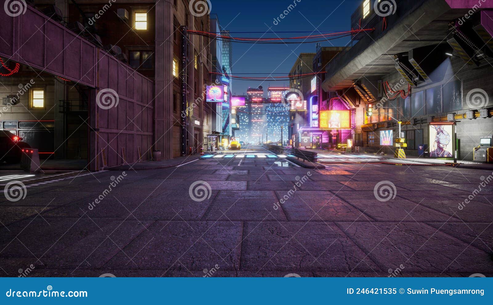 Cyberpunk City Street, 3d Render Stock Illustration - Illustration of ...