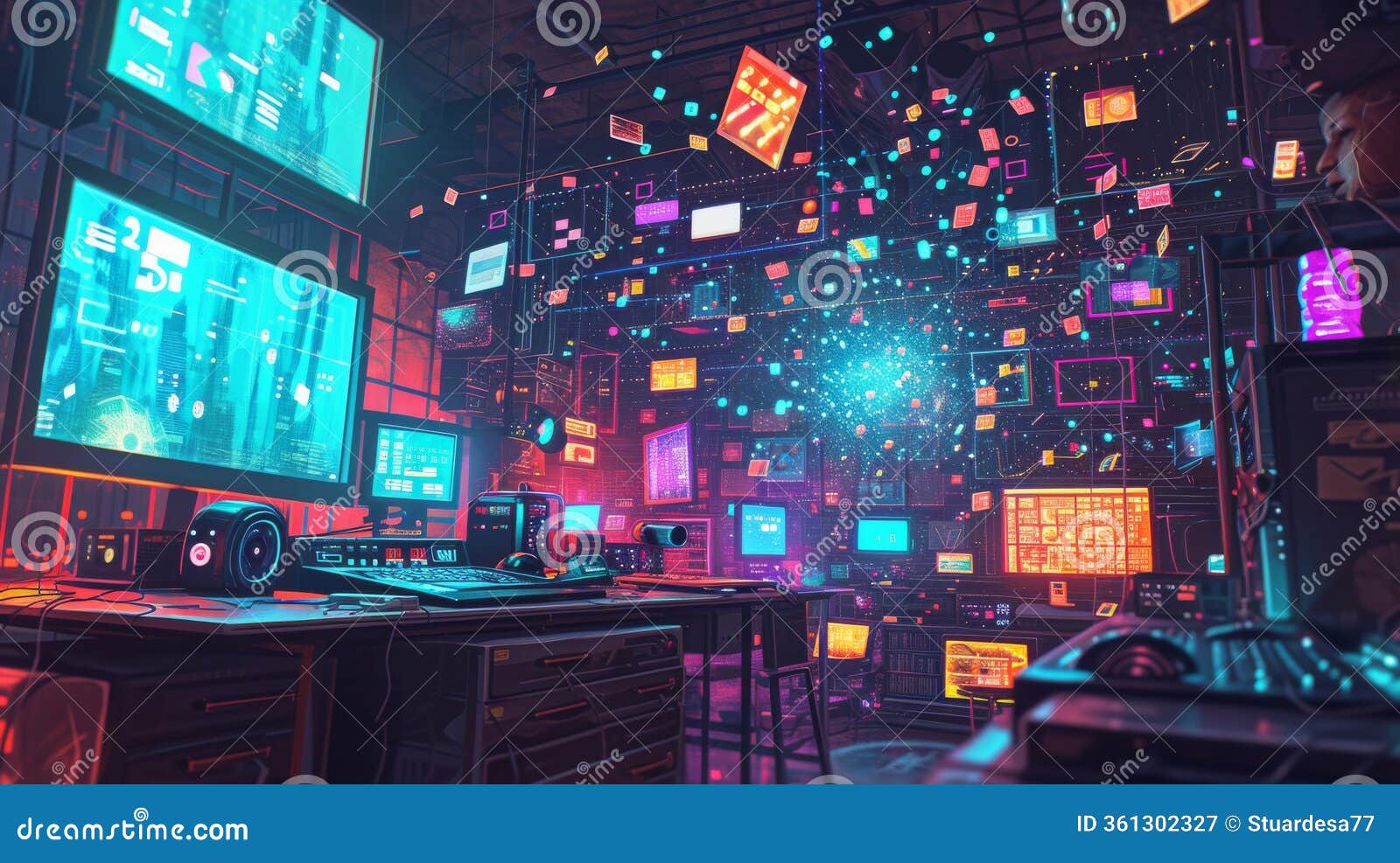 Cyberpunk Control Room with Floating Digital Screens Stock Image ...