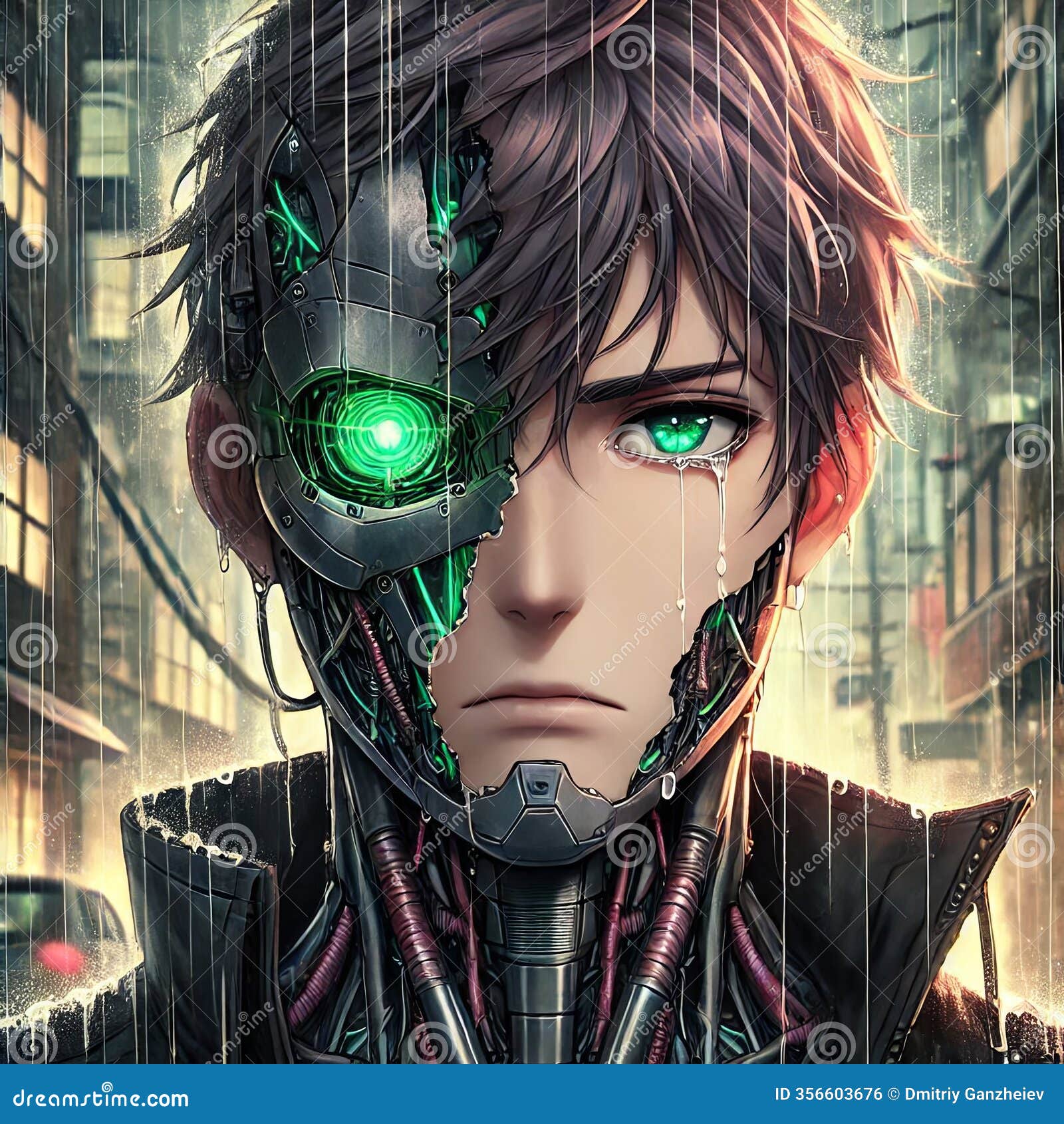 Cyberpunk Cyborg Man in Urban Rain Stock Illustration - Illustration of ...
