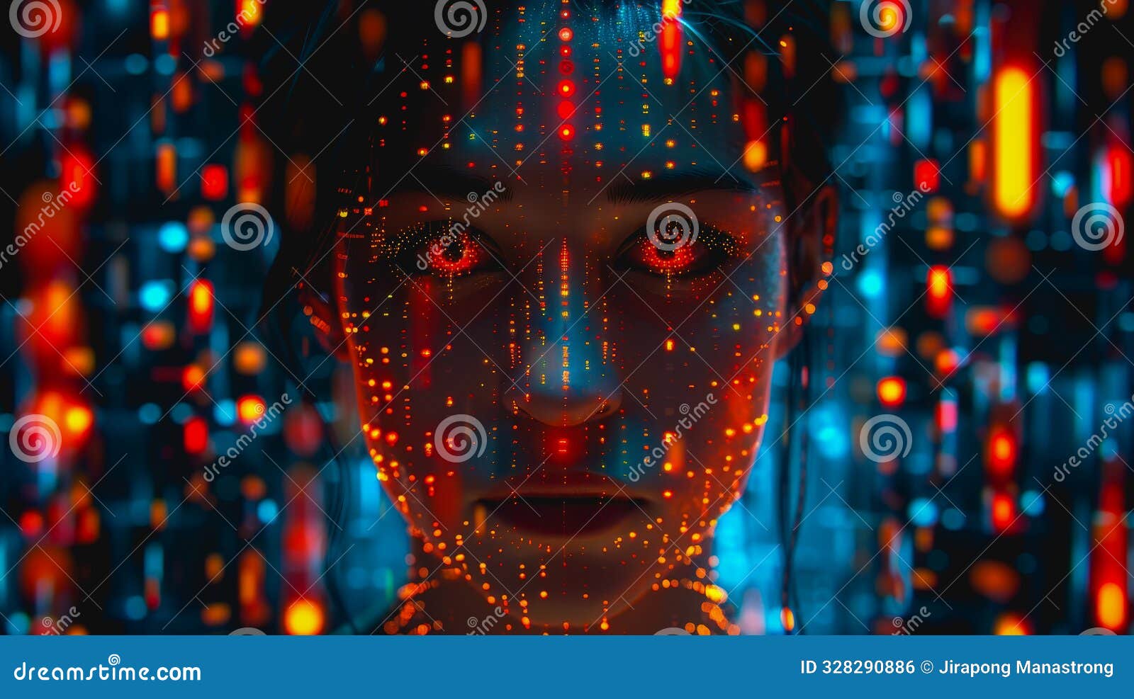 Cyberpunk Digital Face with Neon Lights, Data Streams, Glowing ...