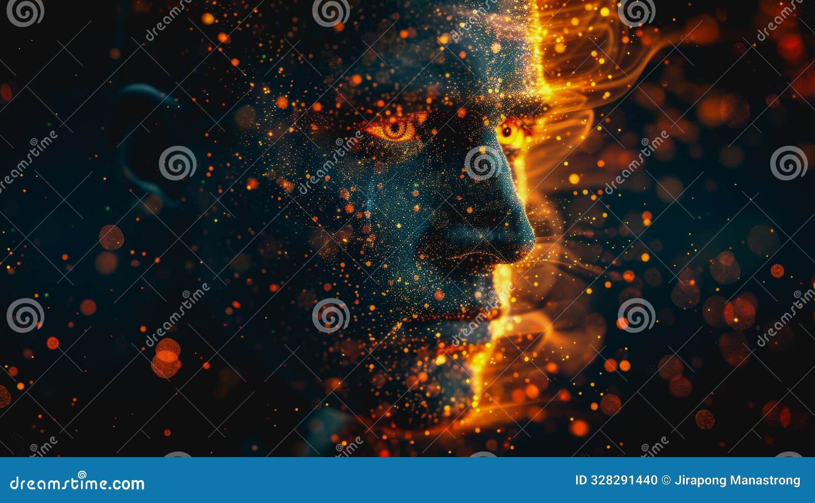 Cyberpunk Digital Face with Neon Lights, Data Streams, Glowing ...