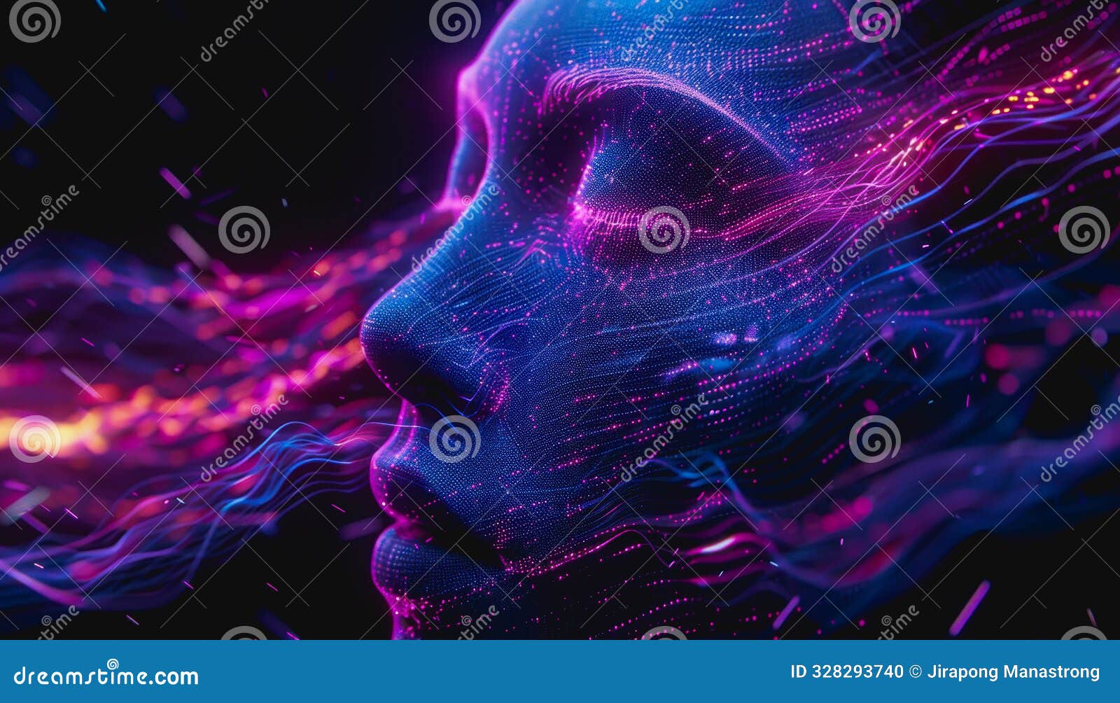 Cyberpunk Digital Face with Neon Lights, Data Streams, Glowing ...