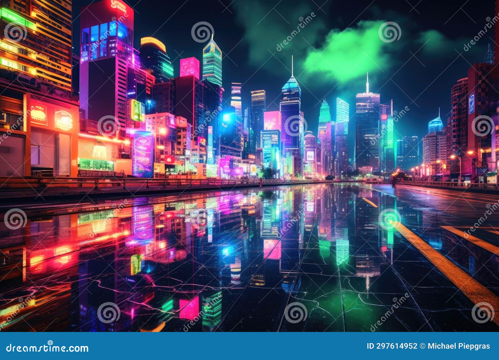 A Cyberpunk and Dystopic City at Night with Neon Lights Stock Photo ...