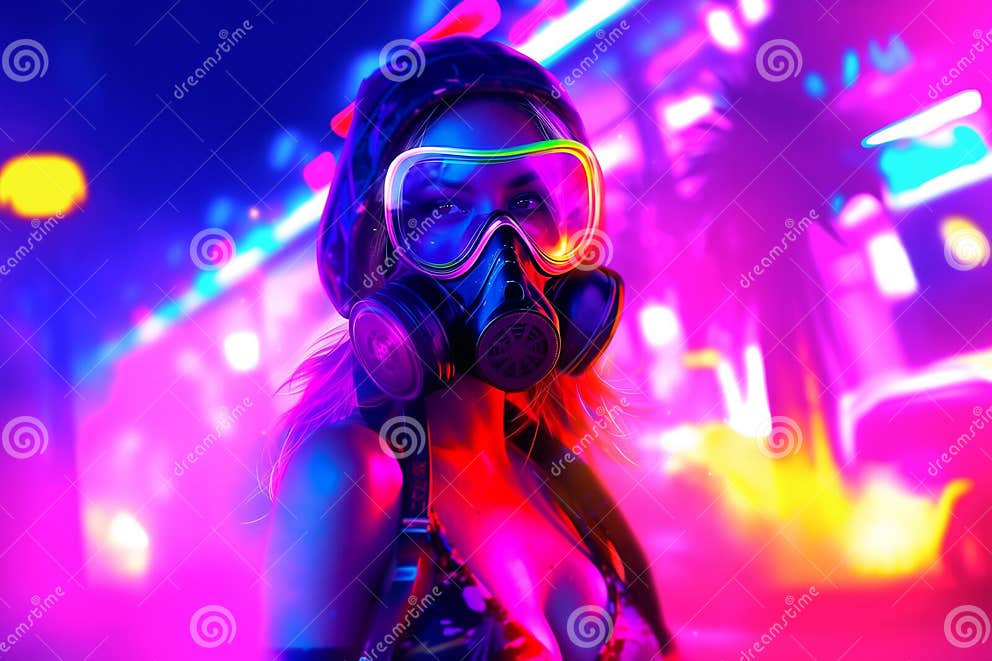 Cyberpunk Fashion Girl In Bikini And Gas Mask At Neon Rave Party Stock