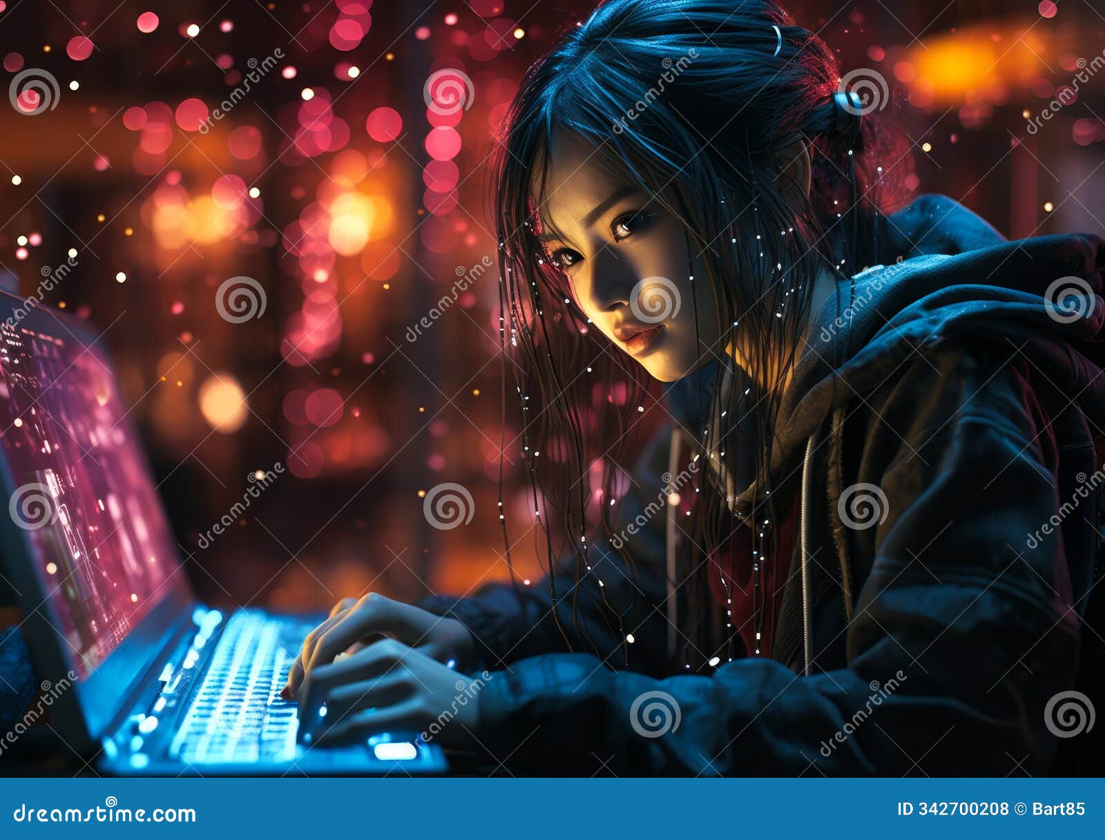 Cyberpunk Futuristic Asian Female Tech Genius Coding Binary Data Laptop Computer Late Night City ...