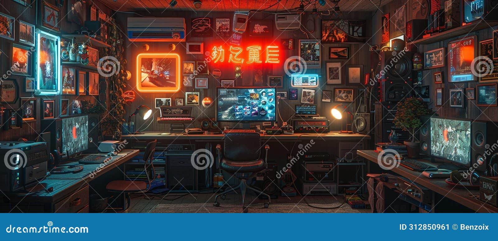 Cyberpunk Gaming Den with Neon Lights and High-tech Setups Stock Image ...