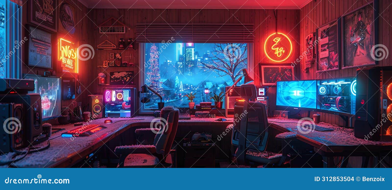 Cyberpunk Gaming Den with Neon Lights and High-tech Setups Stock Photo ...