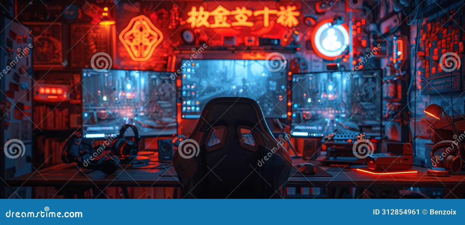 Cyberpunk Gaming Den with Neon Lights and High-tech Setups Stock Image ...