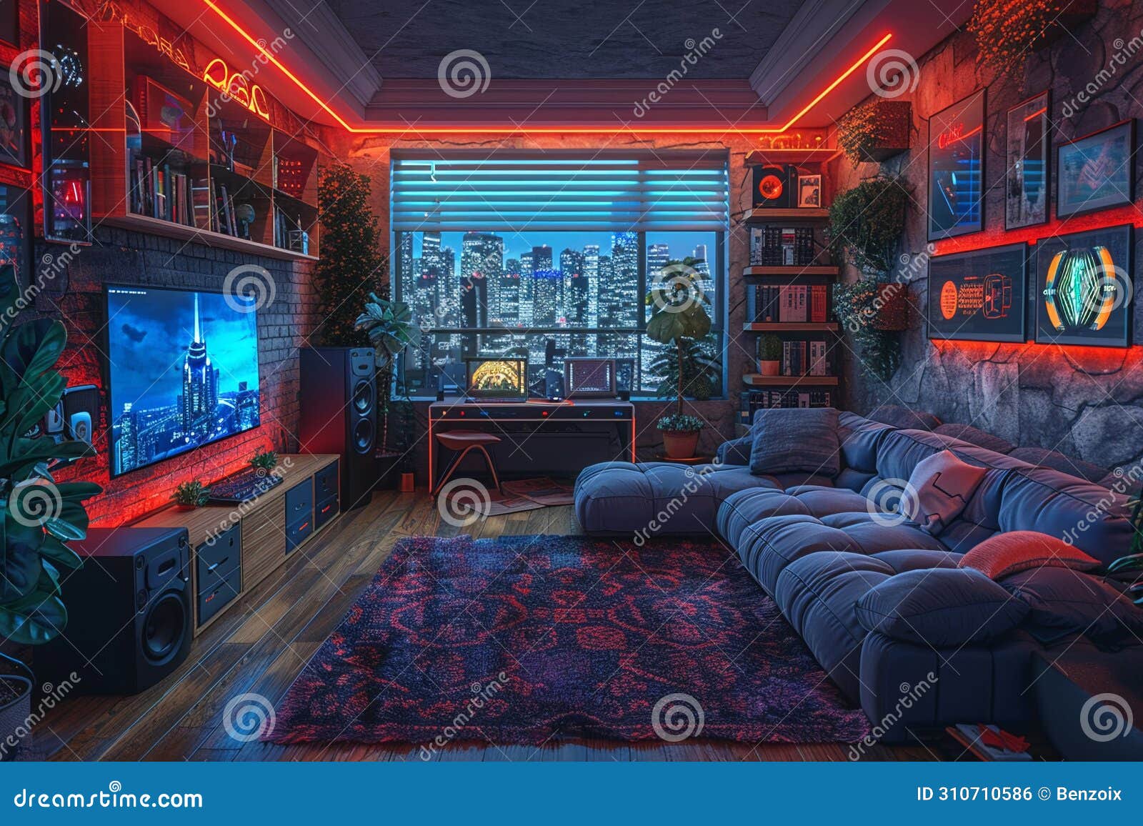 Cyberpunk Gaming Den with Neon Lights and High-tech Setups3D Render ...