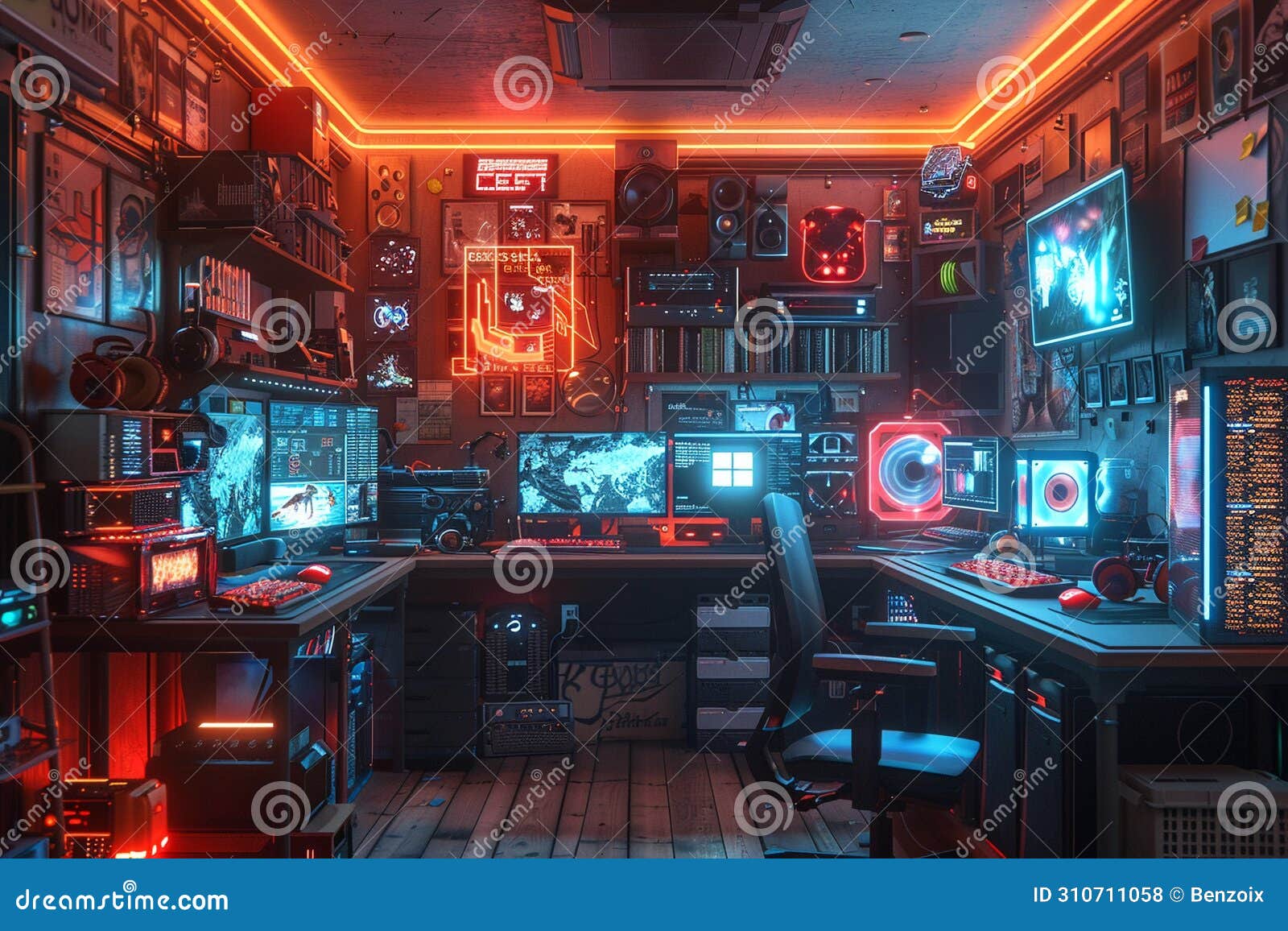 Cyberpunk Gaming Den with Neon Lights and High-tech Setups3D Render ...