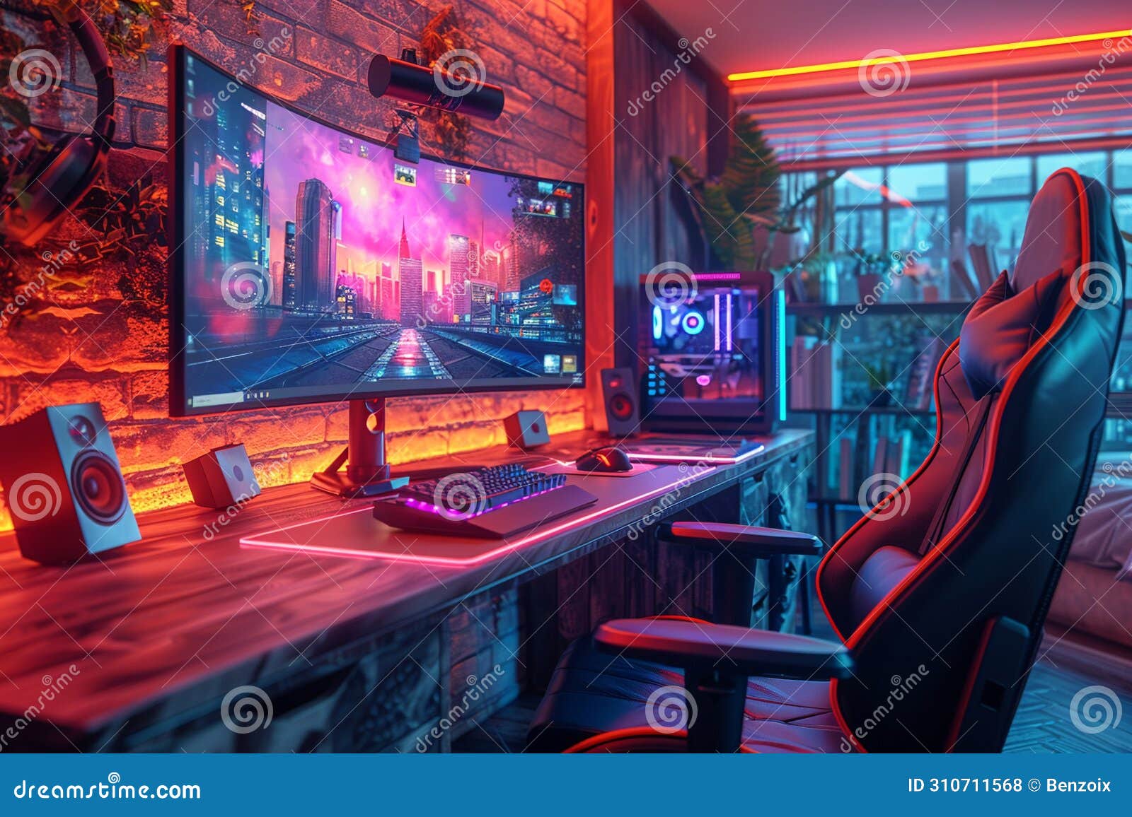 Cyberpunk Gaming Den with Neon Lights and High-tech Setups3D Render ...