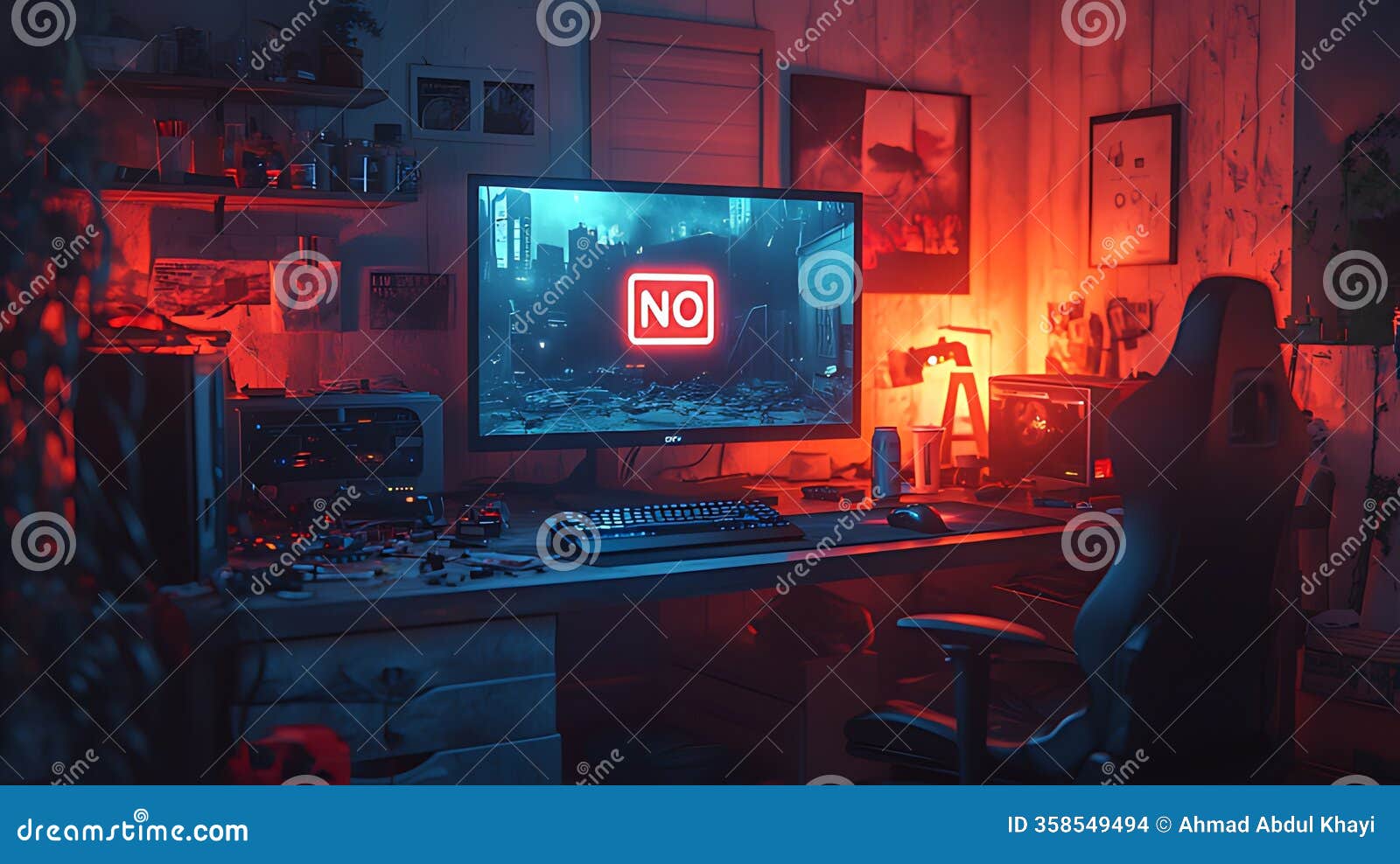 Cyberpunk Gaming Setup with "NO" on Screen Stock Illustration ...