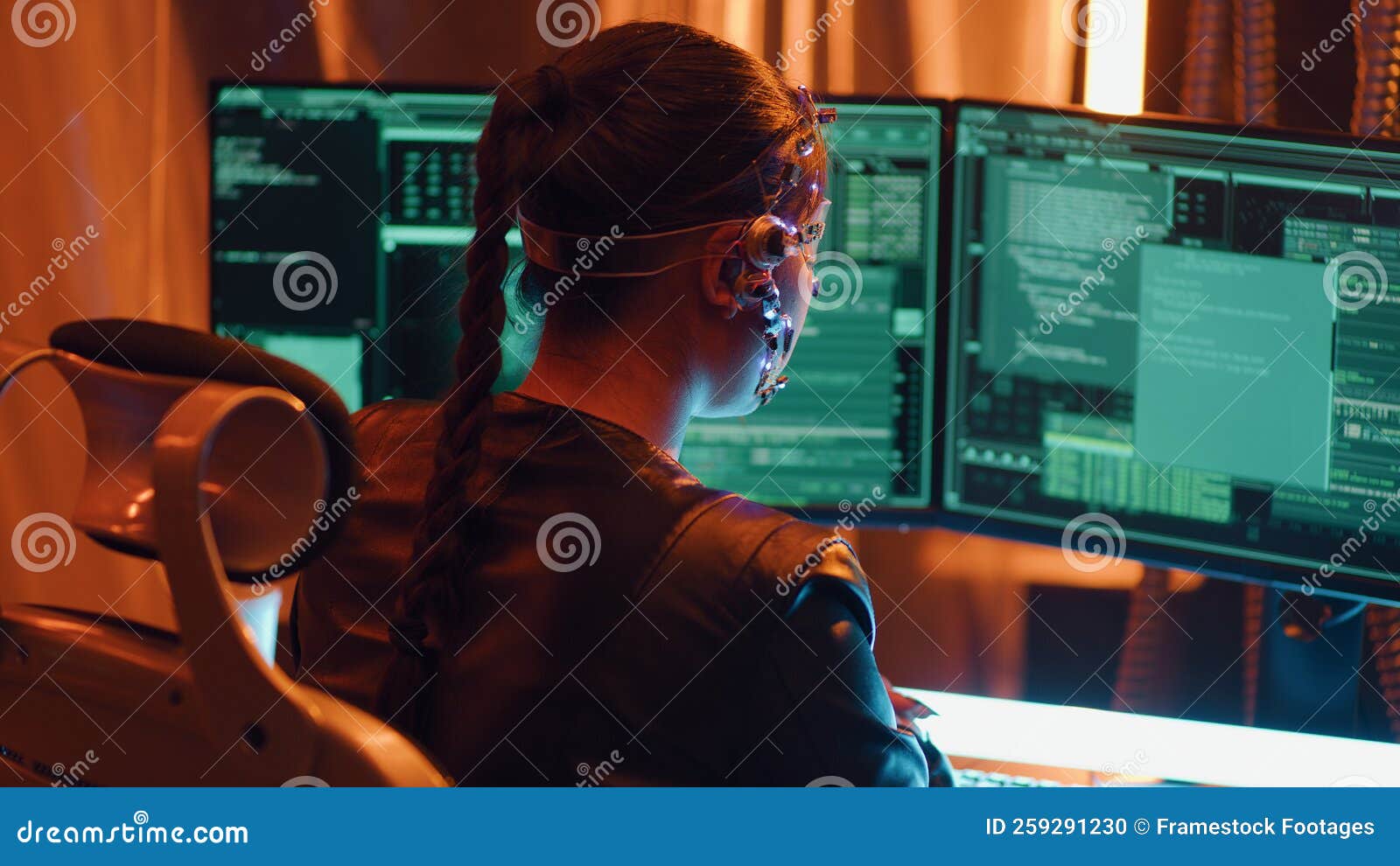 Cyberpunk Girl Backview Types On Keyboard Multiple Monitors With Strings Of Code Stock Photo ...