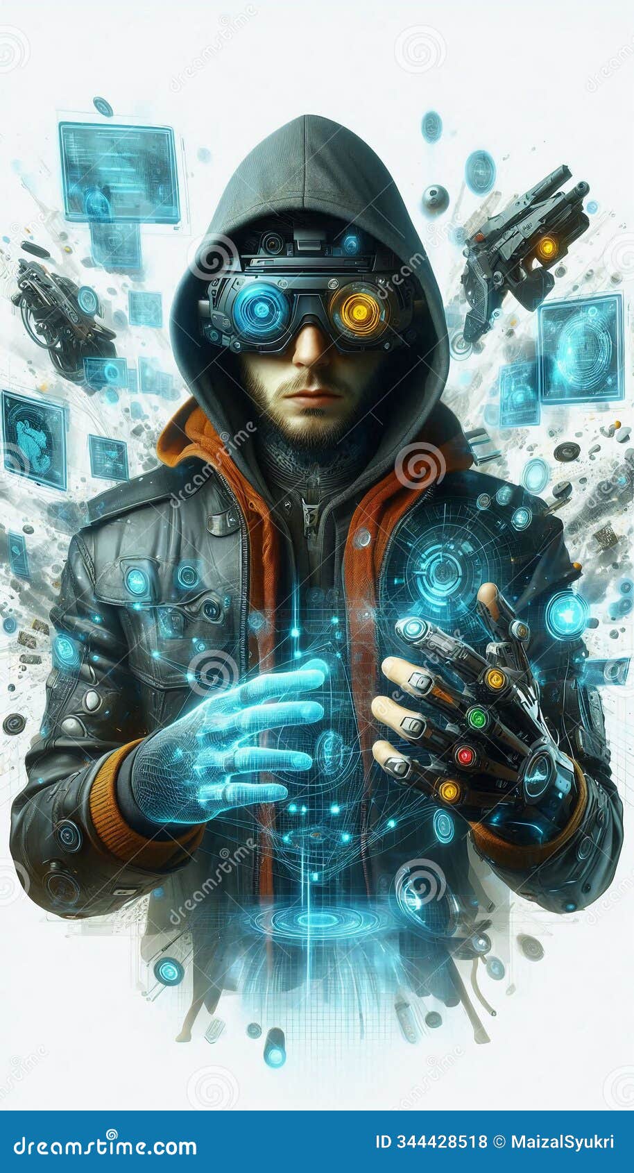 Cyberpunk Hacker with Holograms in Action Stock Illustration ...