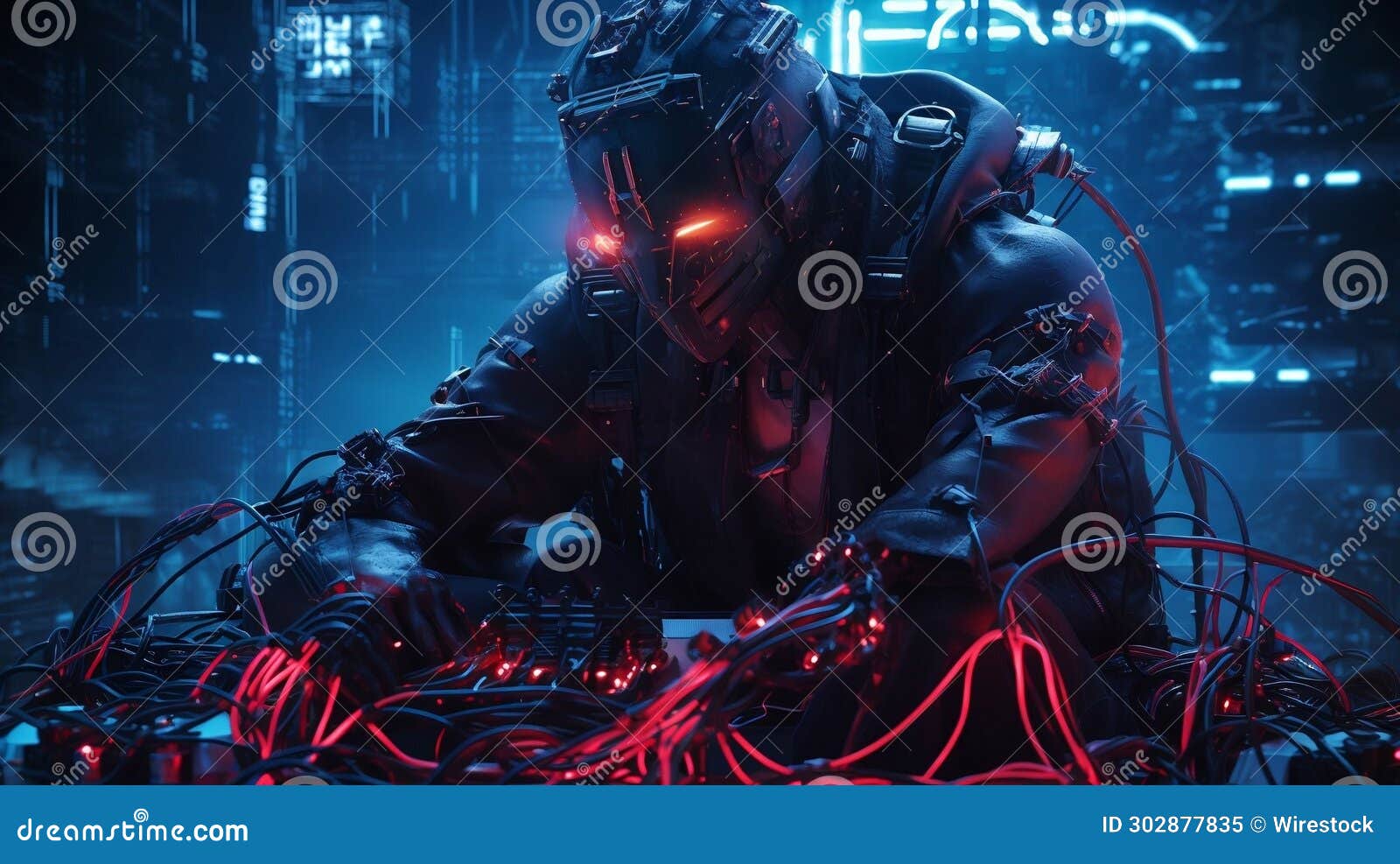 Cyberpunk Hacker Inspecting the Exposed Wiring of an Electronic Device ...