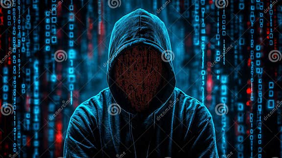 Cyberpunk Hacker with Red Binary Code Mask in Blue and Red Digital Rain ...