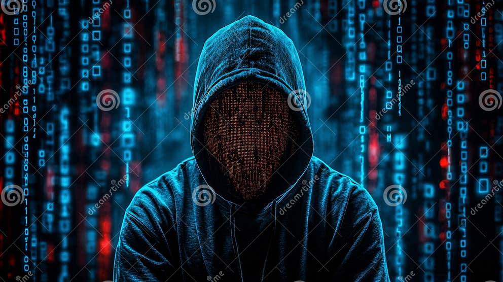 Cyberpunk Hacker with Red Binary Code Mask in Blue and Red Digital Rain ...