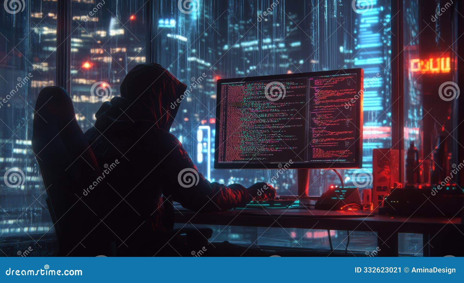 A Cyberpunk Hacker in a Vibrant Neonlit Setting, Full of Technology and ...