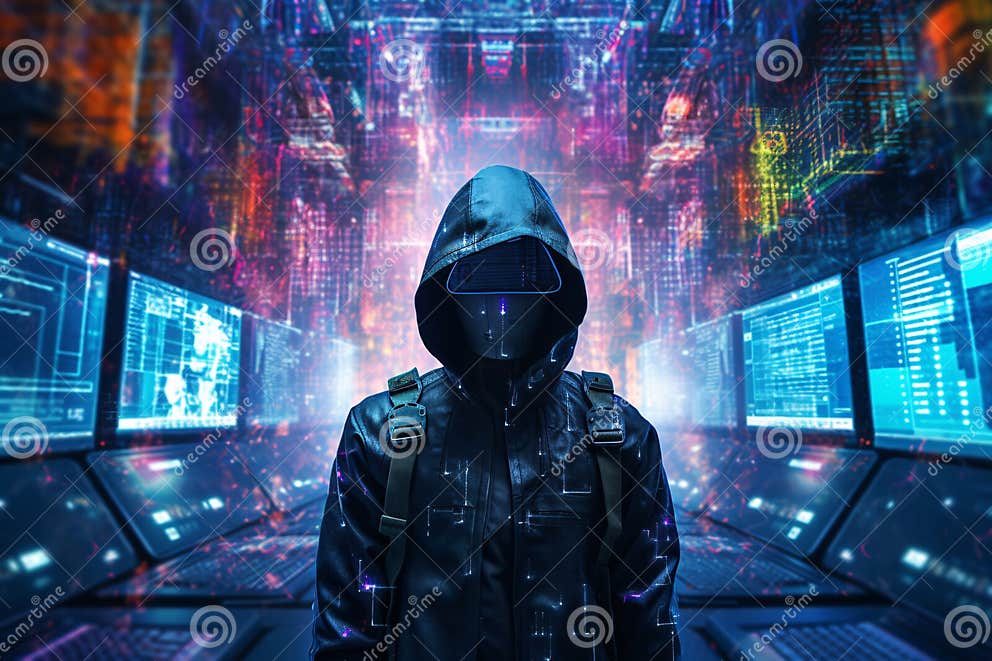 Cyberpunk Hacker in a Futuristic City Surrounded by Holographic ...