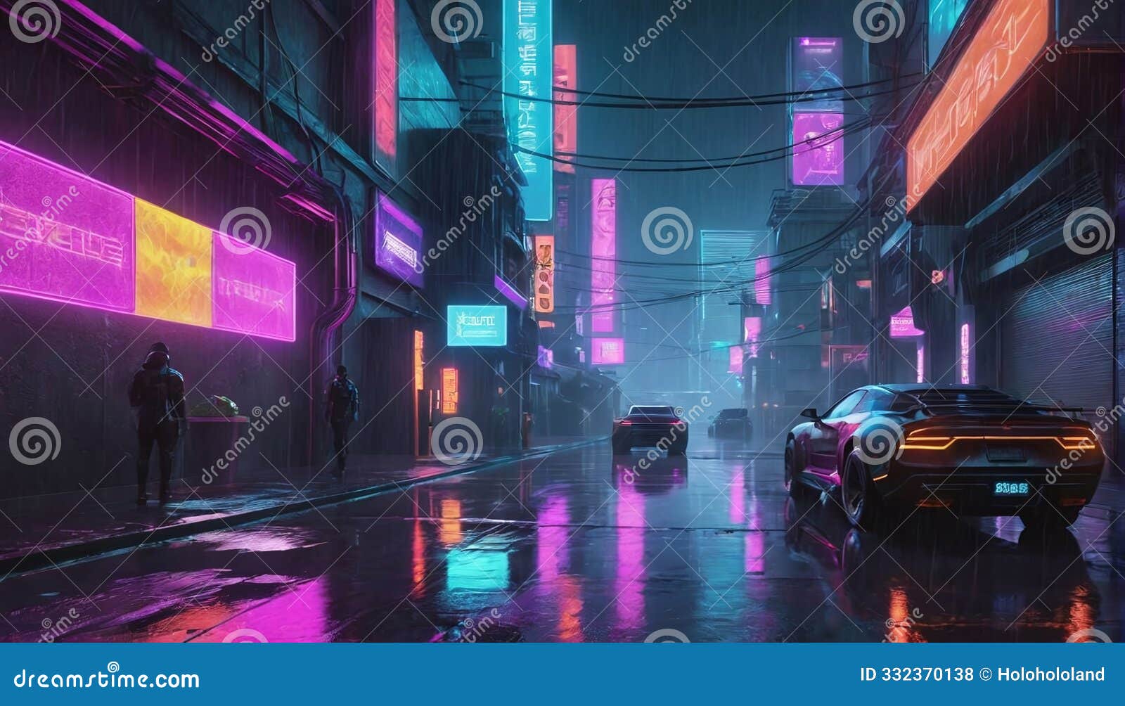 Cyberpunk-inspired City with Neon Lights and Rain Stock Illustration ...