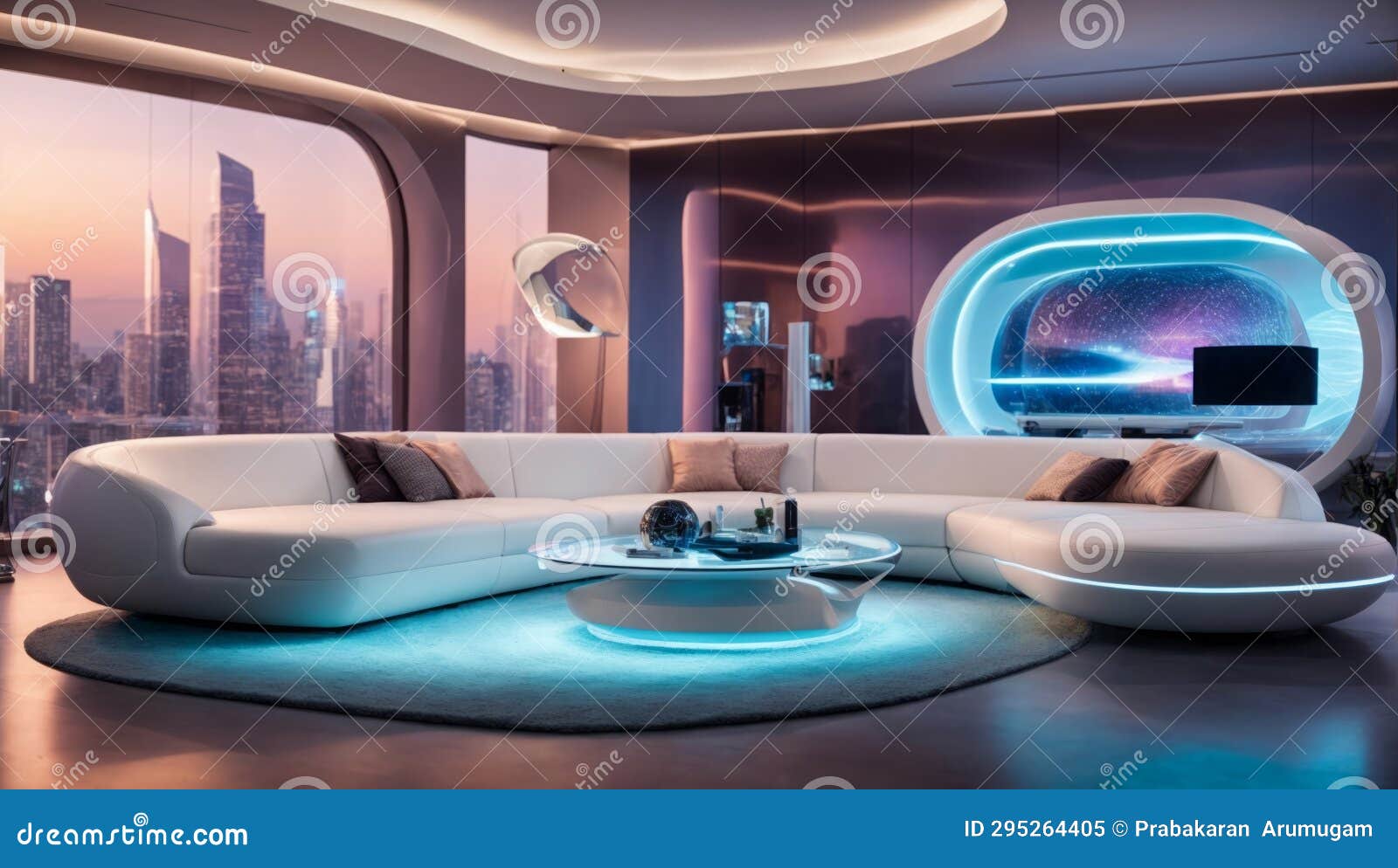 Cyberpunk Living Room with Large White Couch and Round Table. AI ...