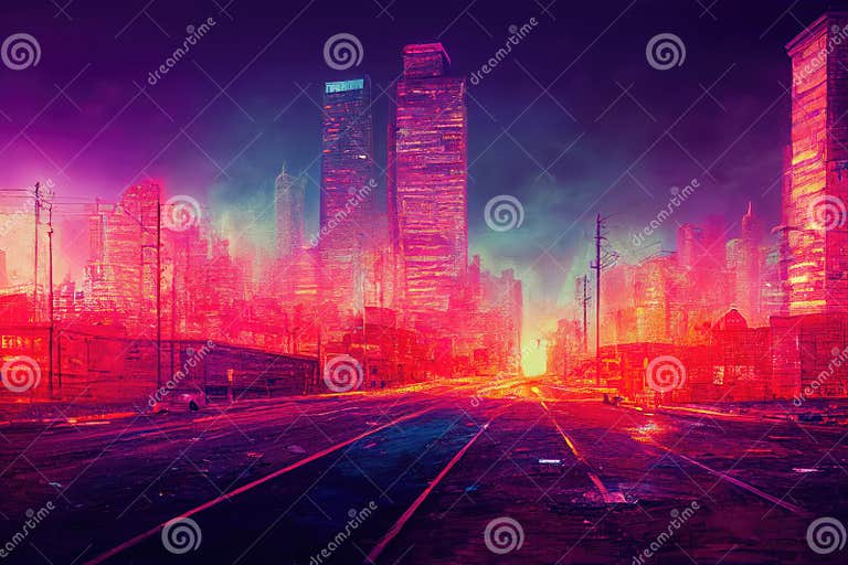 Cyberpunk Neon City Night Futuristic City Scene In A Style Of Pixel