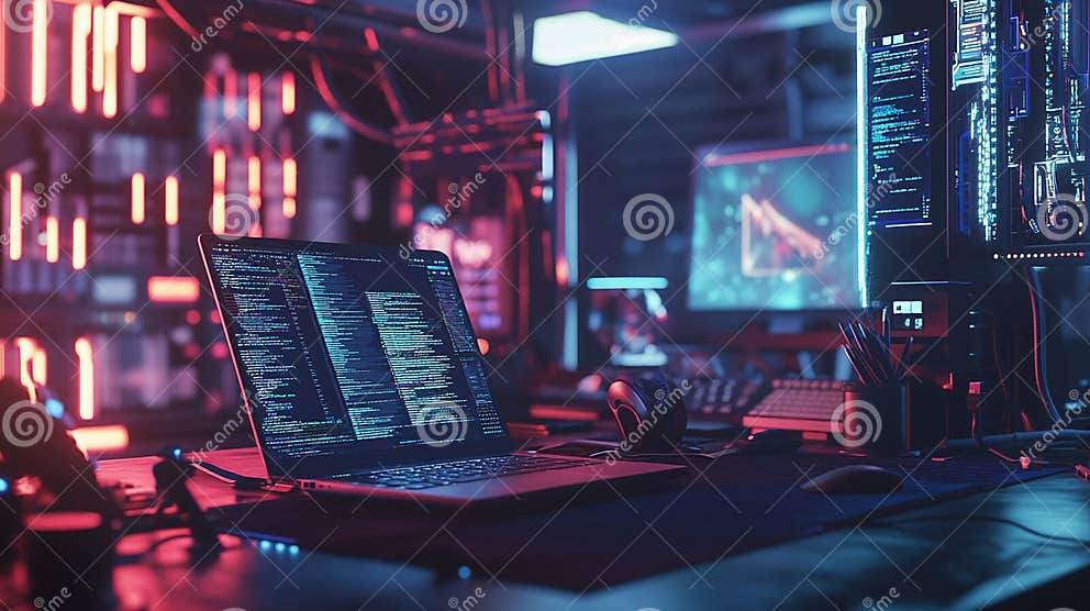 Cyberpunk Neon Laptop Coding Night Digital Workspace Modern Technology Programming Software ...