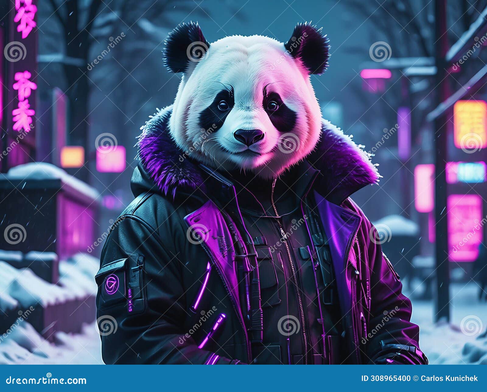 Cyberpunk Panda Outdoors in Winter - Generated by Ai Stock Illustration ...
