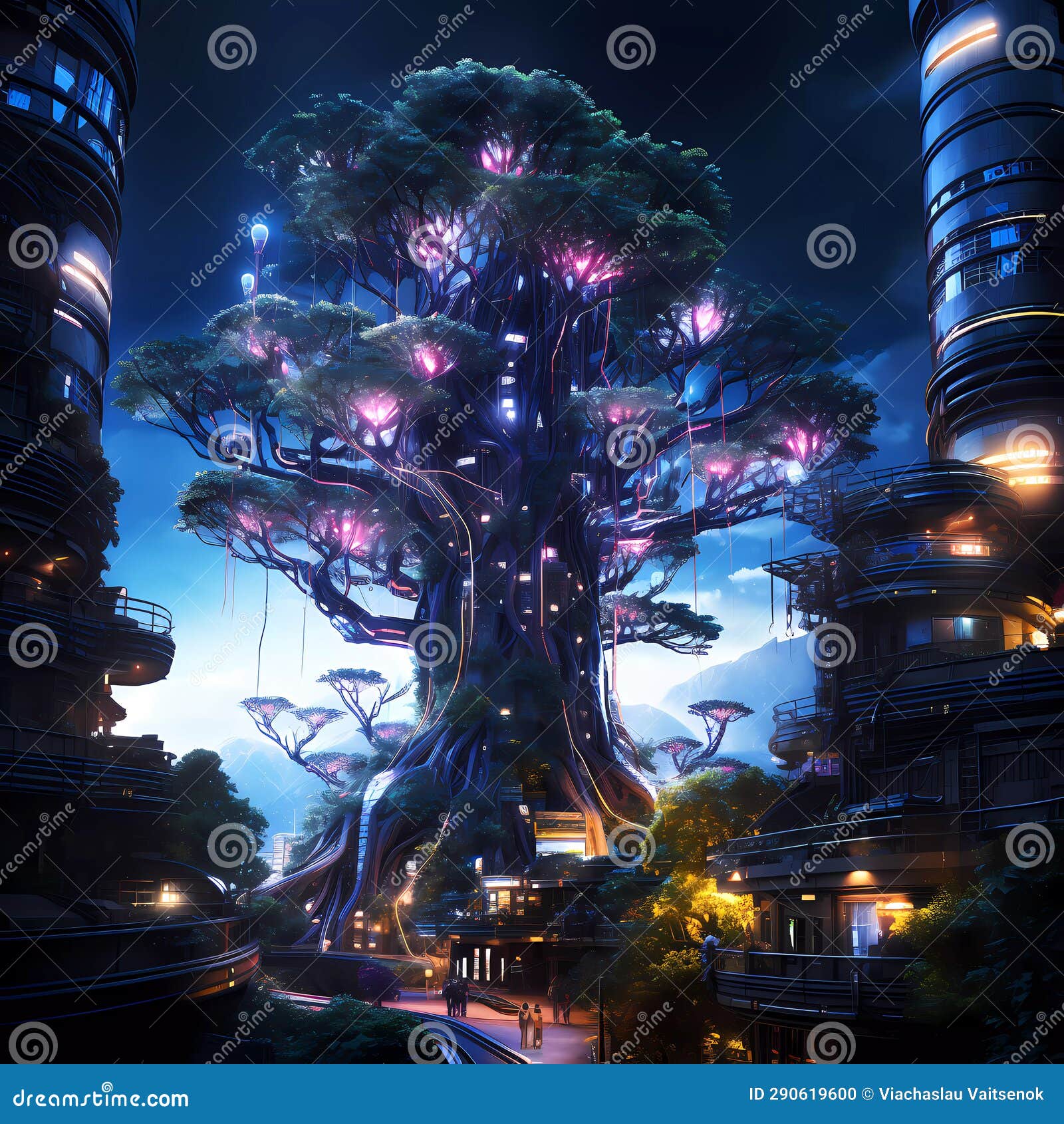 Cyberpunk Retro Futuristic Tree with Neon Lights Stock Illustration ...