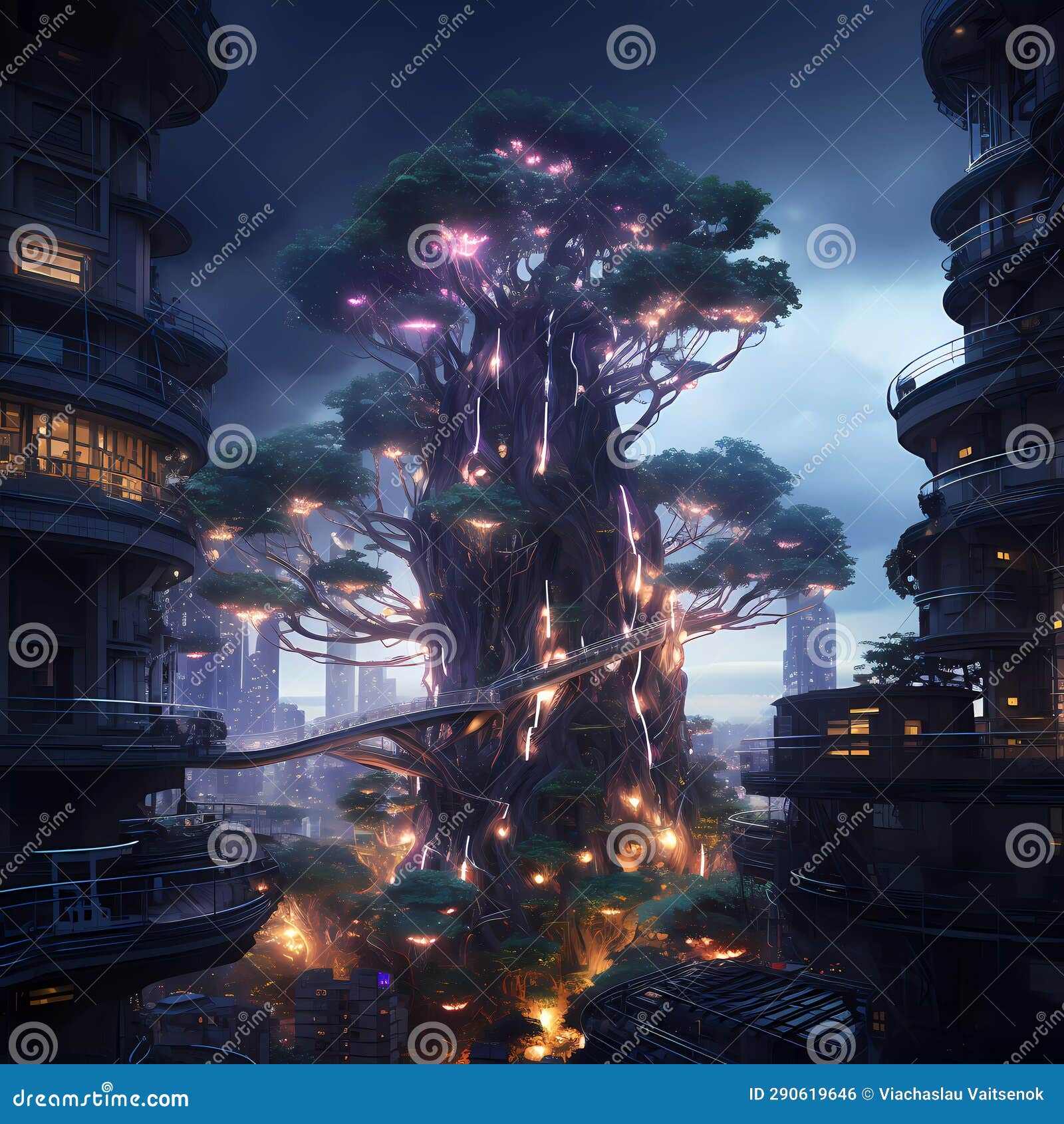 Cyberpunk Retro Futuristic Tree with Neon Lights Stock Illustration ...