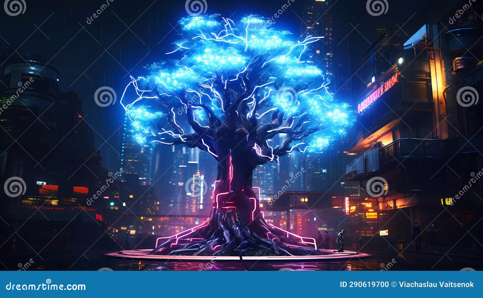 Cyberpunk Retro Futuristic Tree with Neon Lights Stock Illustration ...