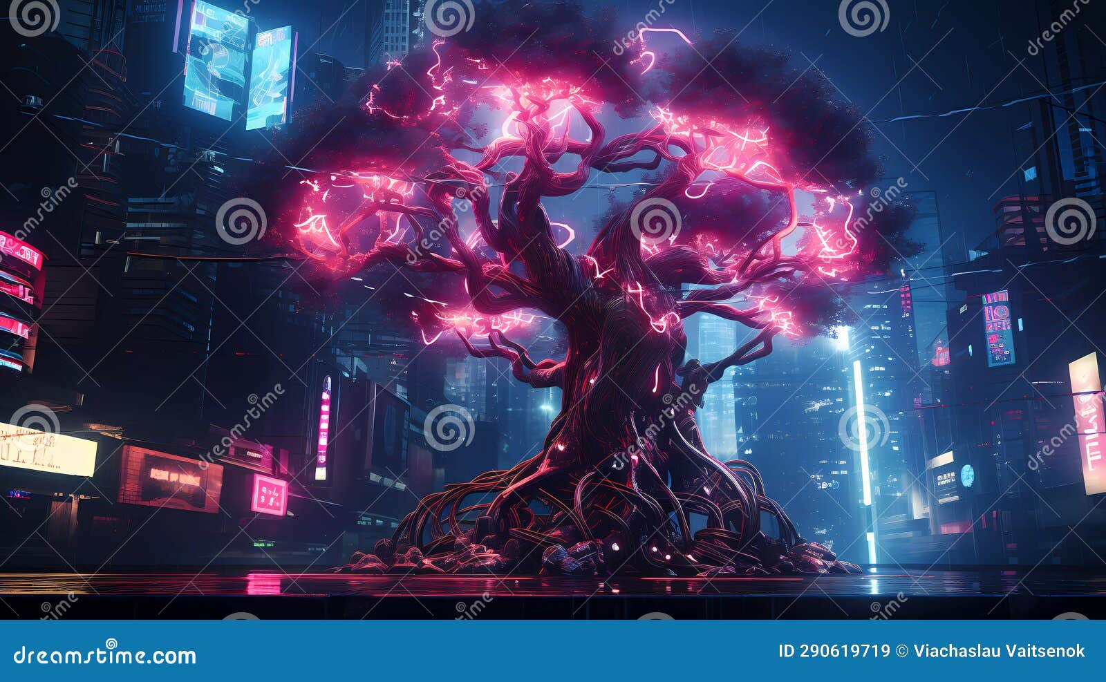 Cyberpunk Retro Futuristic Tree with Neon Lights Stock Illustration ...