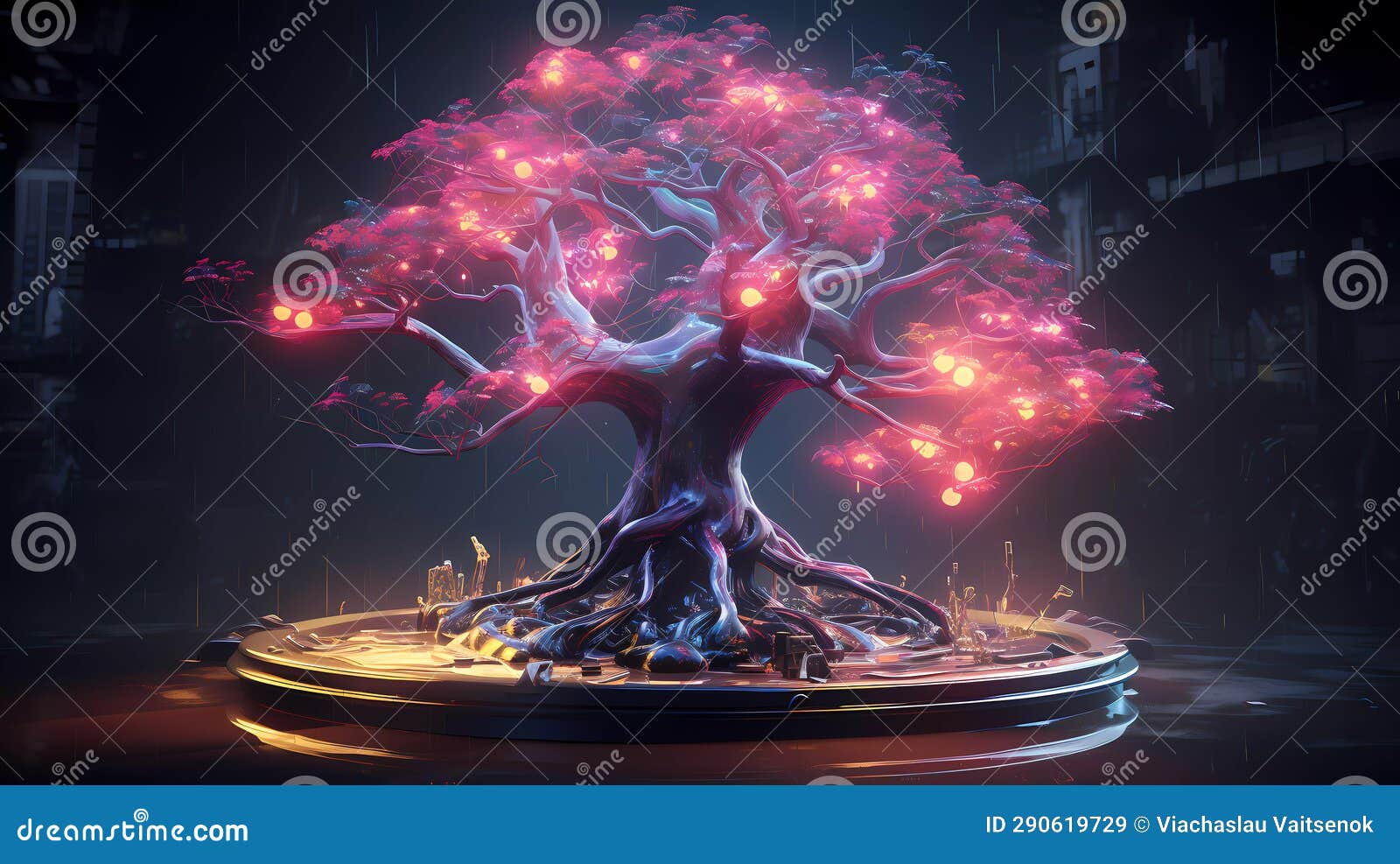 Cyberpunk Retro Futuristic Tree with Neon Lights Stock Illustration ...