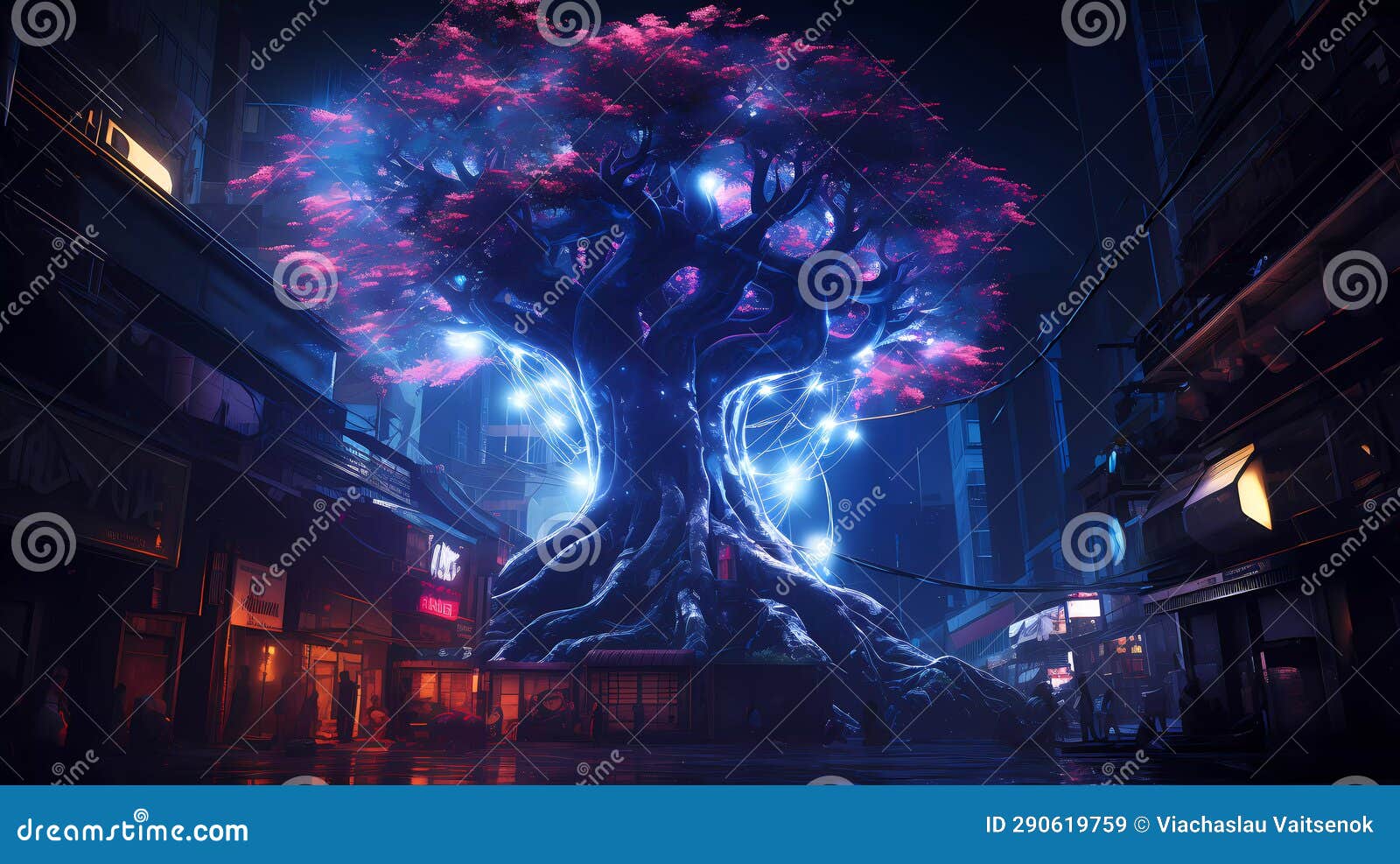 Cyberpunk Retro Futuristic Tree with Neon Lights Stock Illustration ...