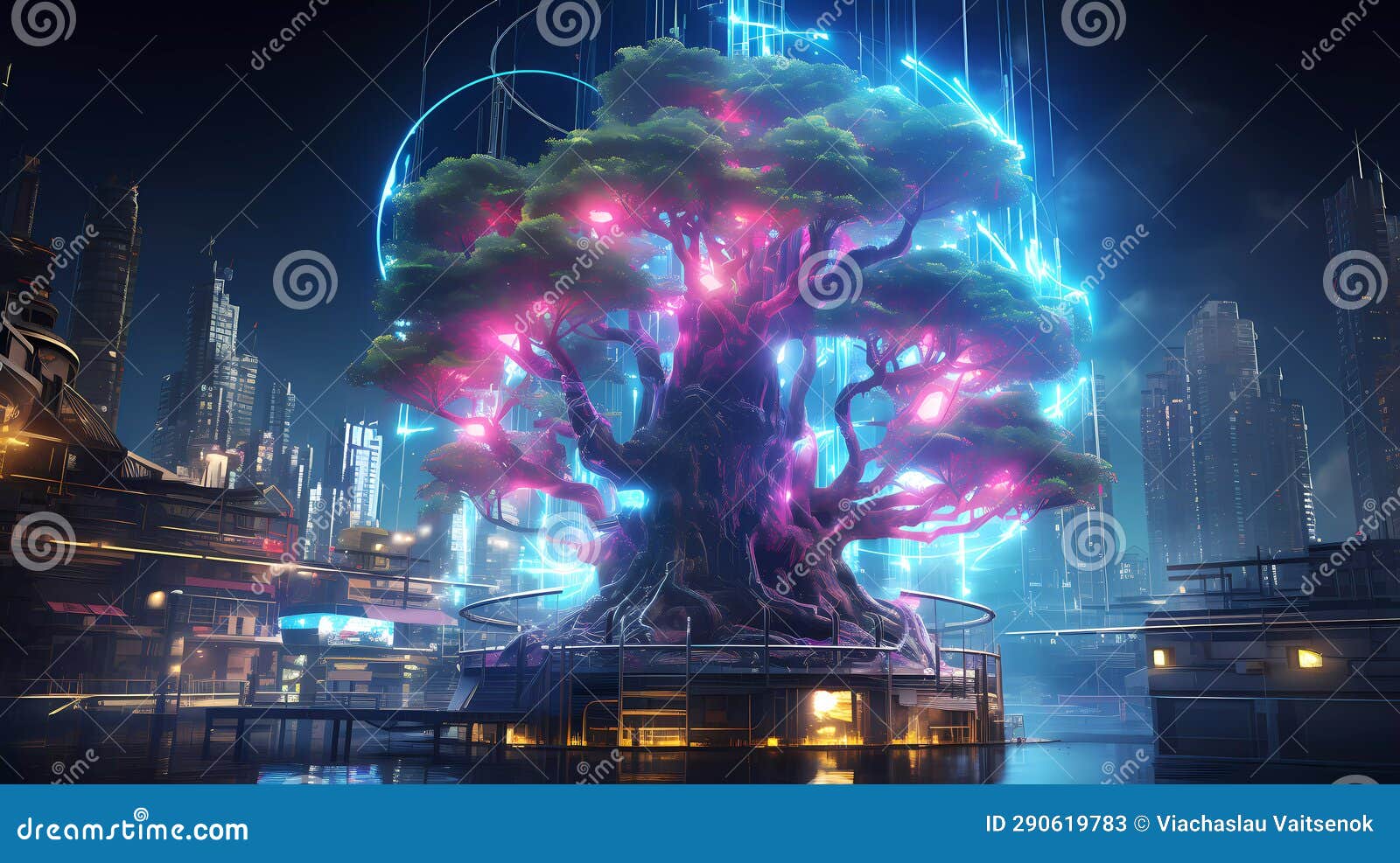 Cyberpunk Retro Futuristic Tree with Neon Lights Stock Illustration ...