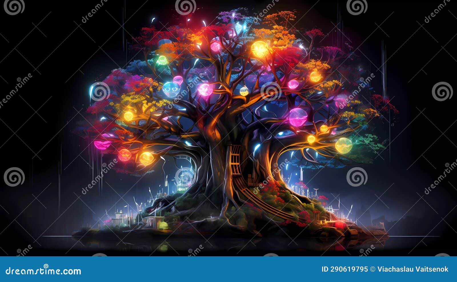 Cyberpunk Retro Futuristic Tree with Neon Lights Stock Illustration ...