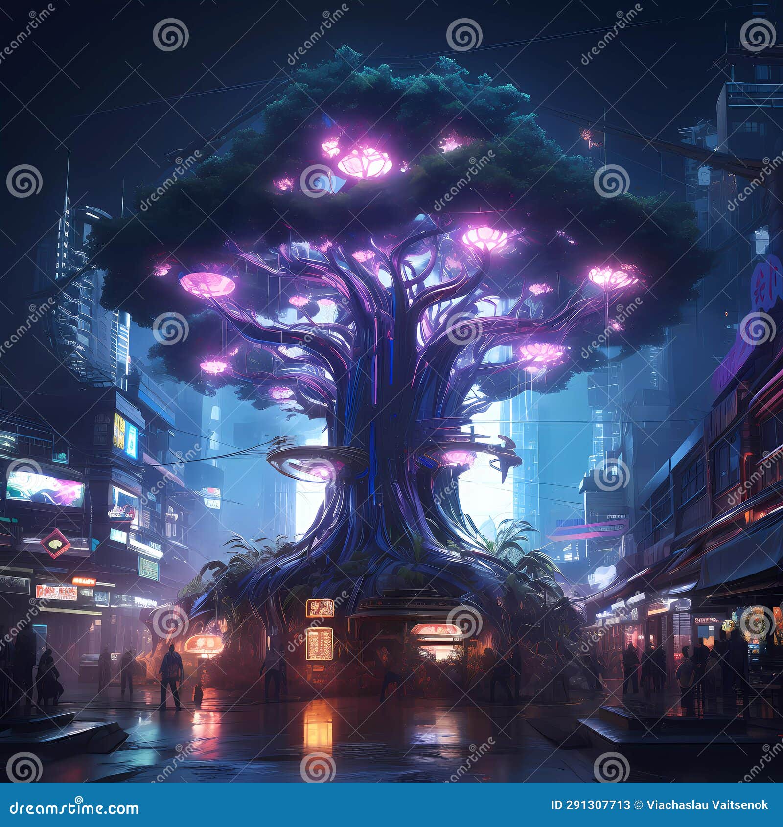 Cyberpunk Retro Futuristic Tree with Neon Lights Stock Illustration ...