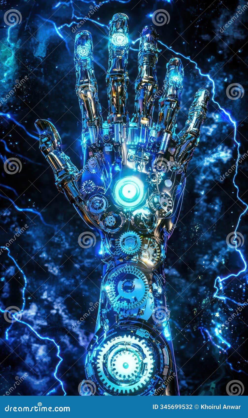Cyberpunk Robotic Hand with Blue Lightning Effect Stock Illustration ...