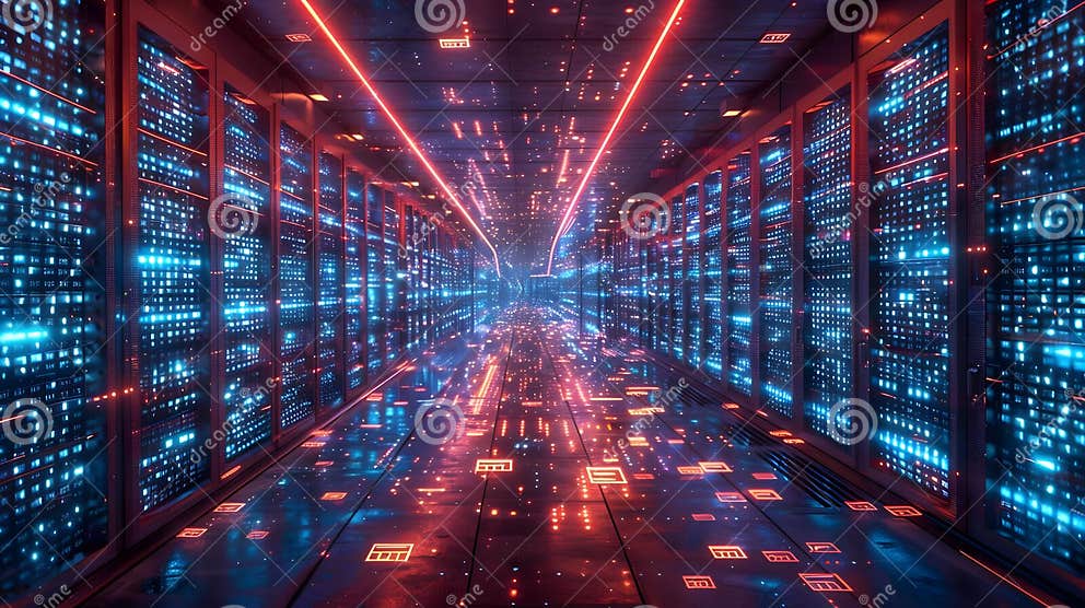 Cyberpunk Server Room 3D Illustration Stock Illustration - Illustration ...