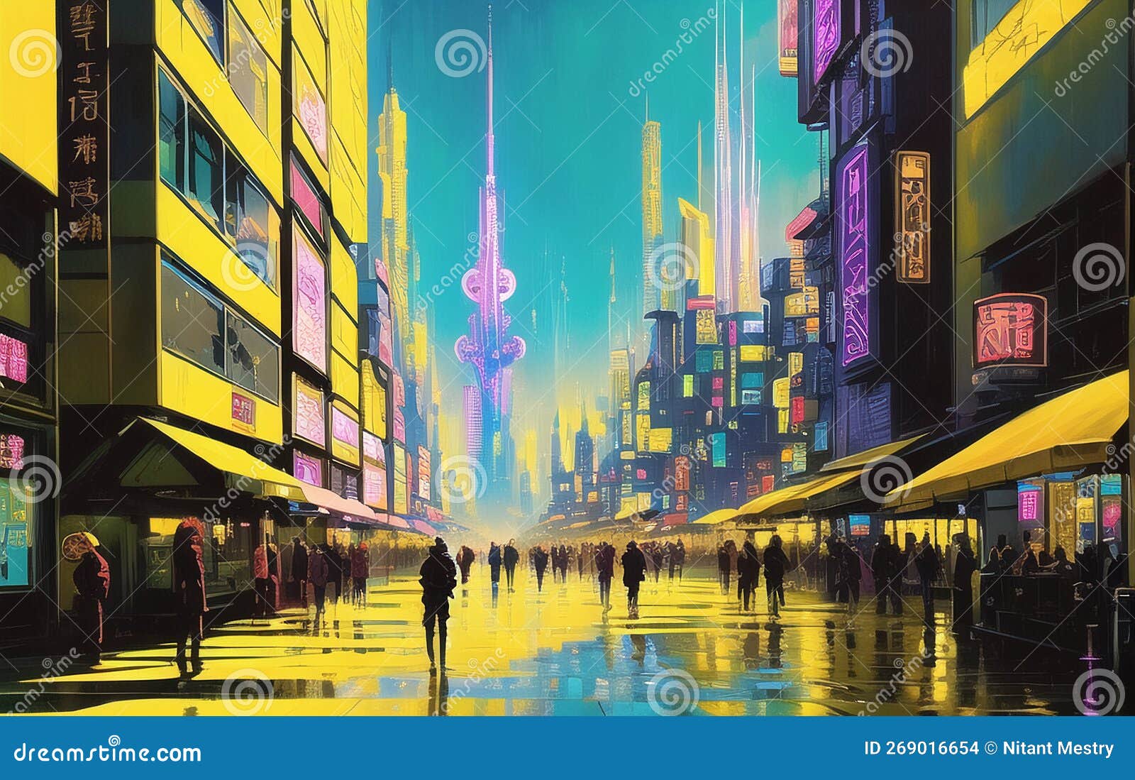 Sci-fi Fantasy City, Cyberpunk Buildings Illustration. Neon Colors ...