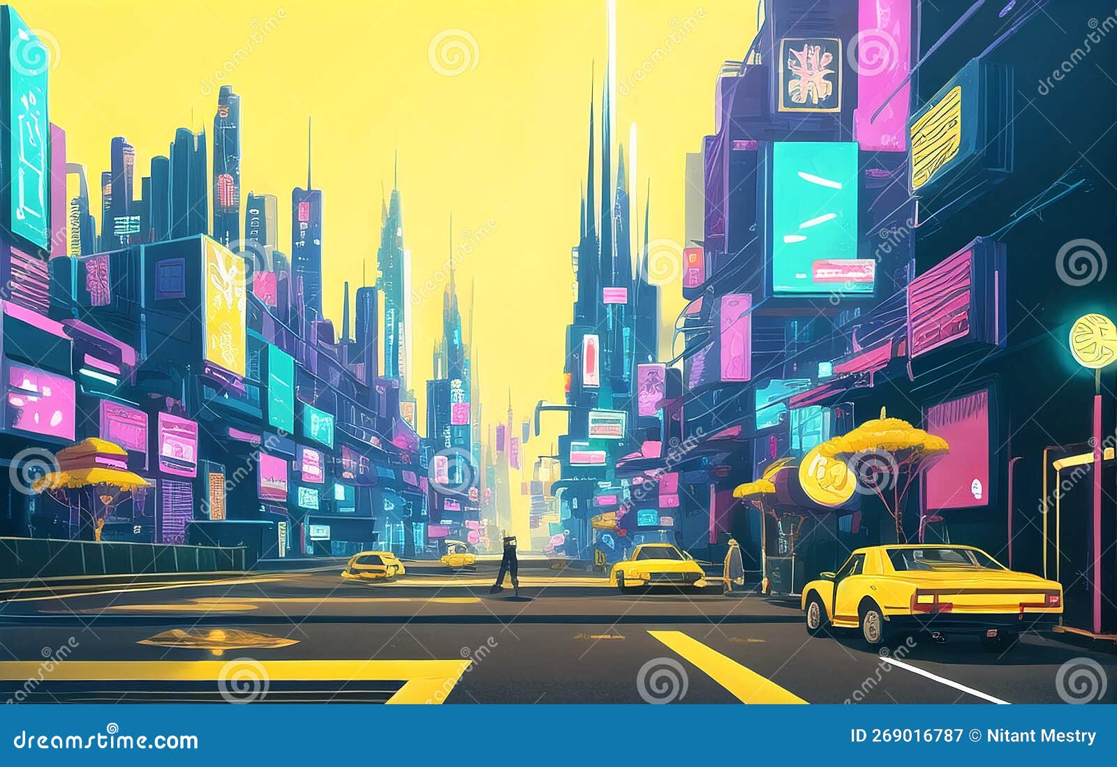 Nighttime Cyberpunk City Illustration. Neon Bright Lights Landscape ...