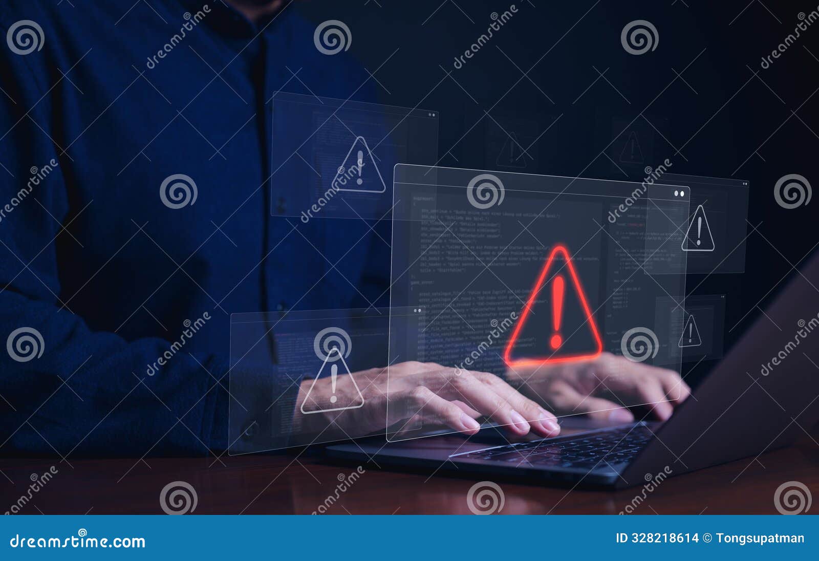 Cybersecurity Alert Concept. Person Using Laptop with Multiple Warning ...