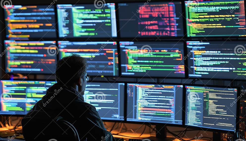 Cybersecurity Analyst Monitoring Multiple Displays Filled with Code and ...