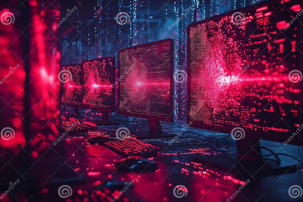 A Cybersecurity Breach Scenario with Red Warning Messages Stock ...