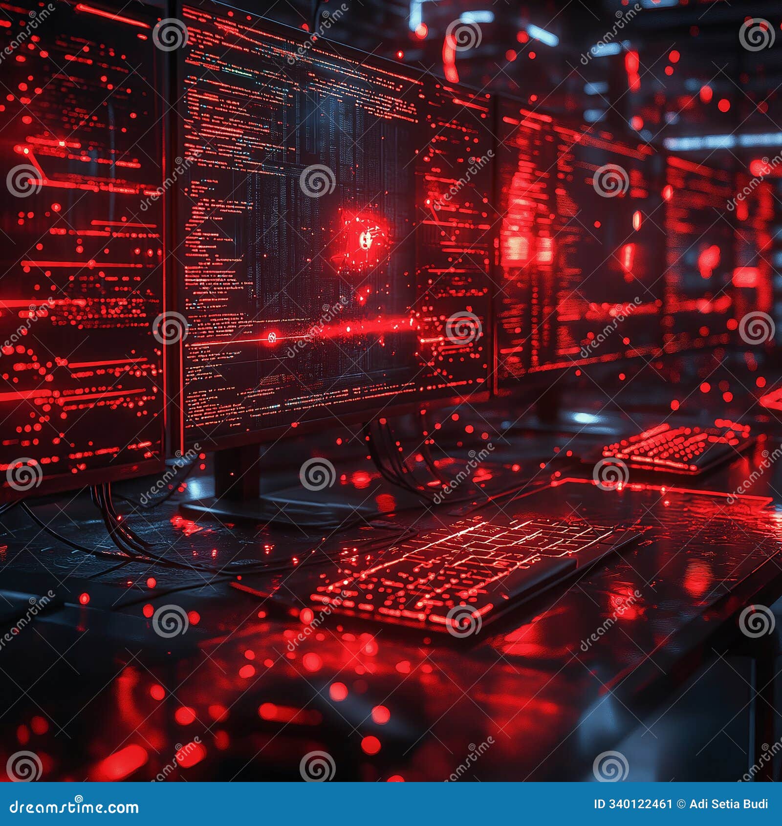 A Cybersecurity Breach Scenario with Red Warning Messages Stock ...
