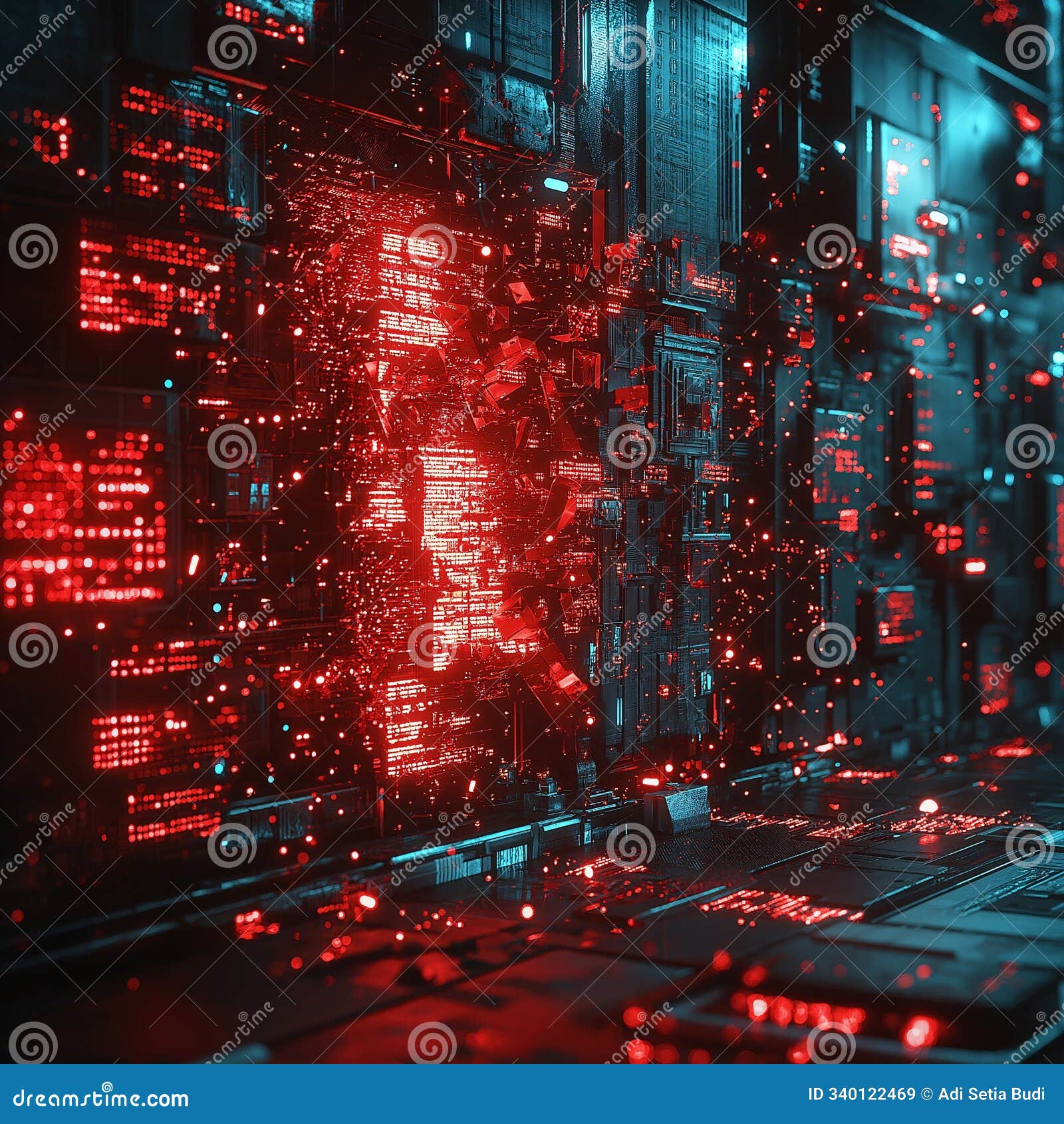 A Cybersecurity Breach Scenario with Red Warning Messages Stock ...