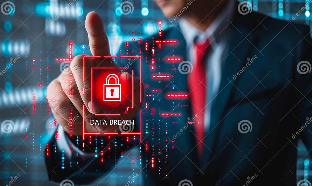 Cybersecurity Breach Warning. Businessman Pointing at Red Data Breach ...