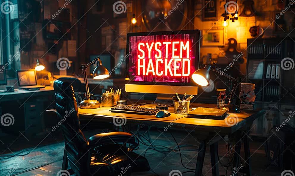 Cybersecurity Breach Warning with SYSTEM HACKED Alert on a Computer ...