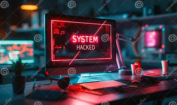 Cybersecurity Breach Warning with SYSTEM HACKED Alert on a Computer ...